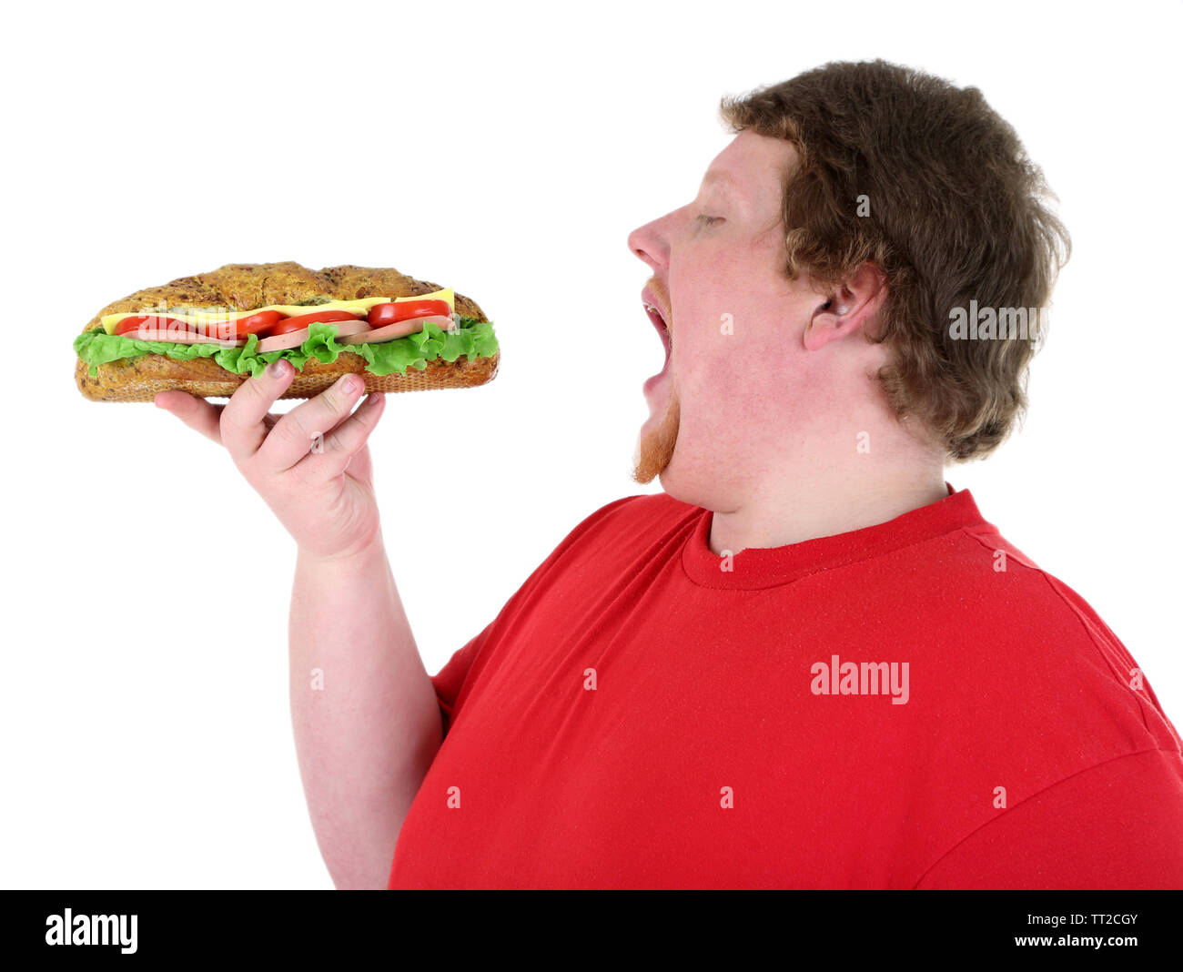 Fat man holding sandwich, isolated on white Stock Photo - Alamy