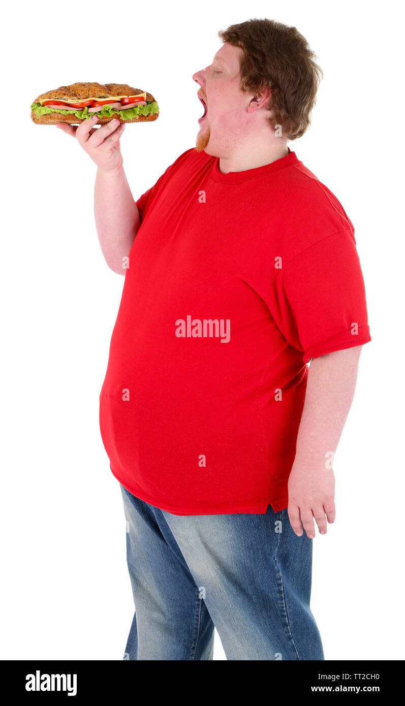 Fat man holding sandwich, isolated on white Stock Photo - Alamy