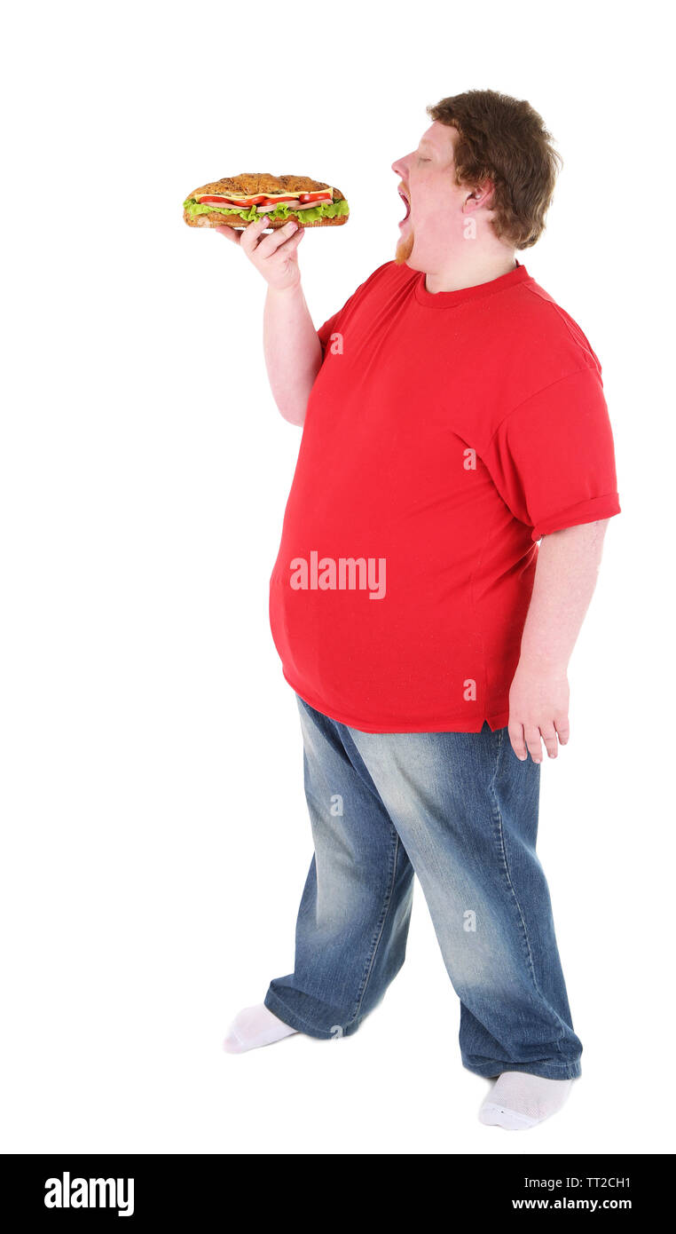 Fat man holding sandwich, isolated on white Stock Photo - Alamy