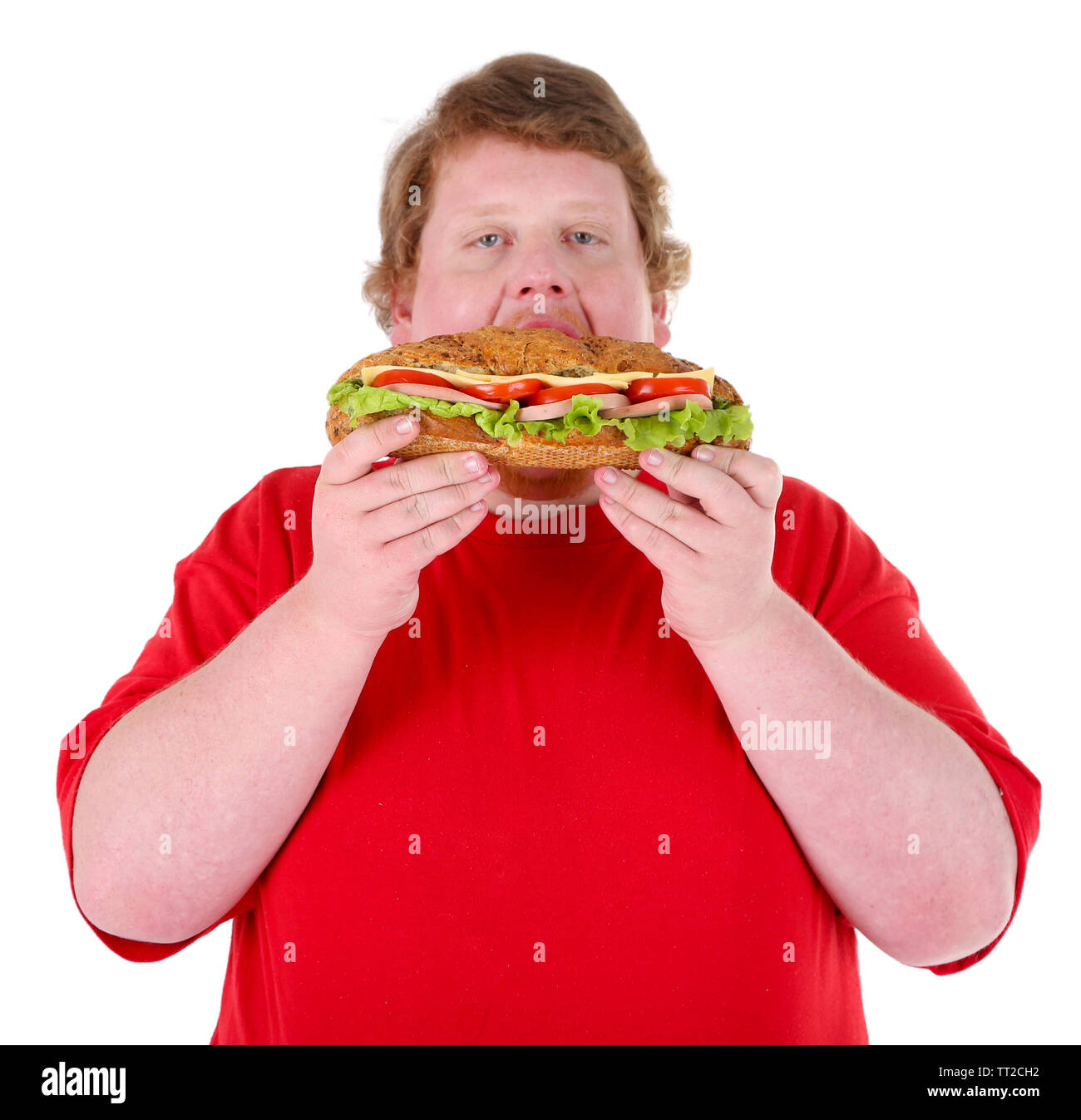 Fat man holding sandwich, isolated on white Stock Photo - Alamy