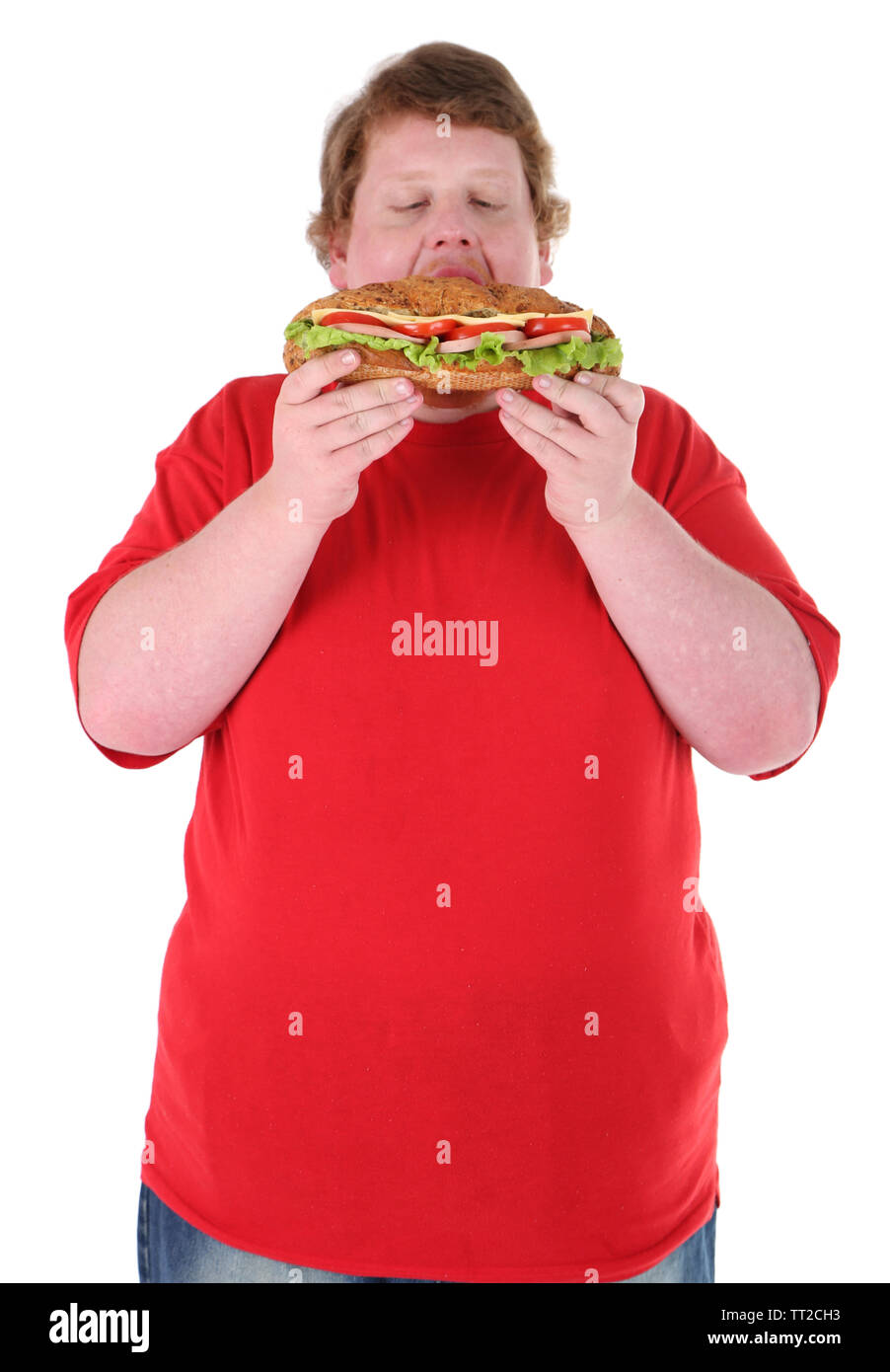 Fat man holding sandwich, isolated on white Stock Photo - Alamy