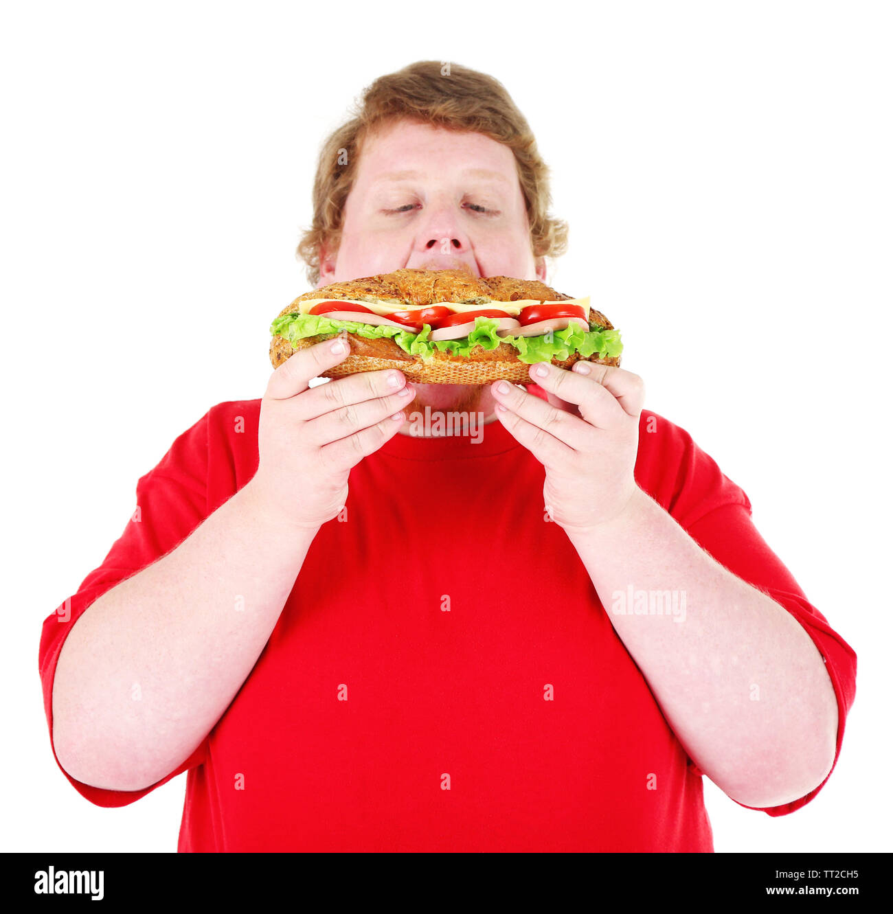 Fat man holding sandwich, isolated on white Stock Photo - Alamy