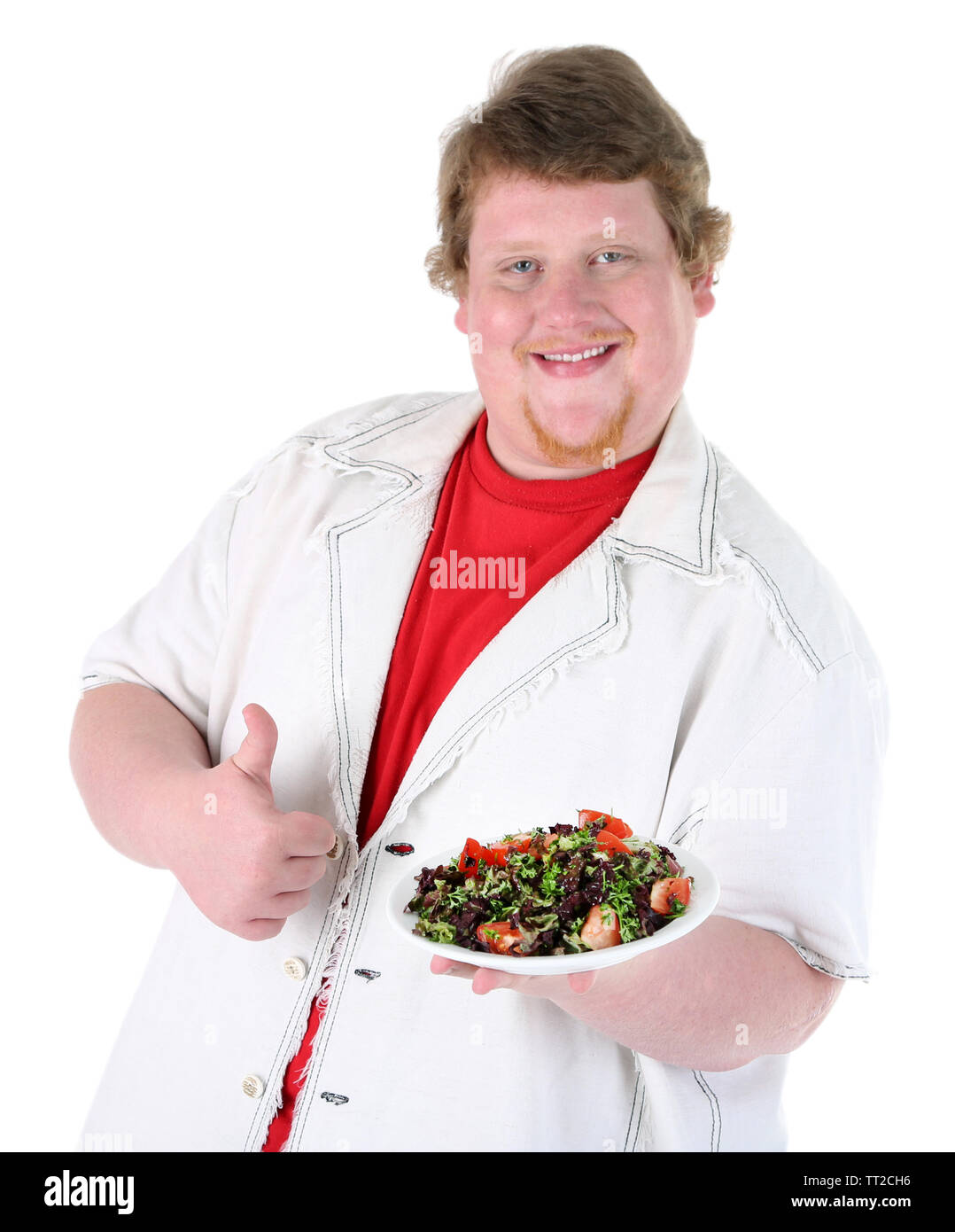 Fat man with wine glass and vegetable salad, isolated on white Stock ...