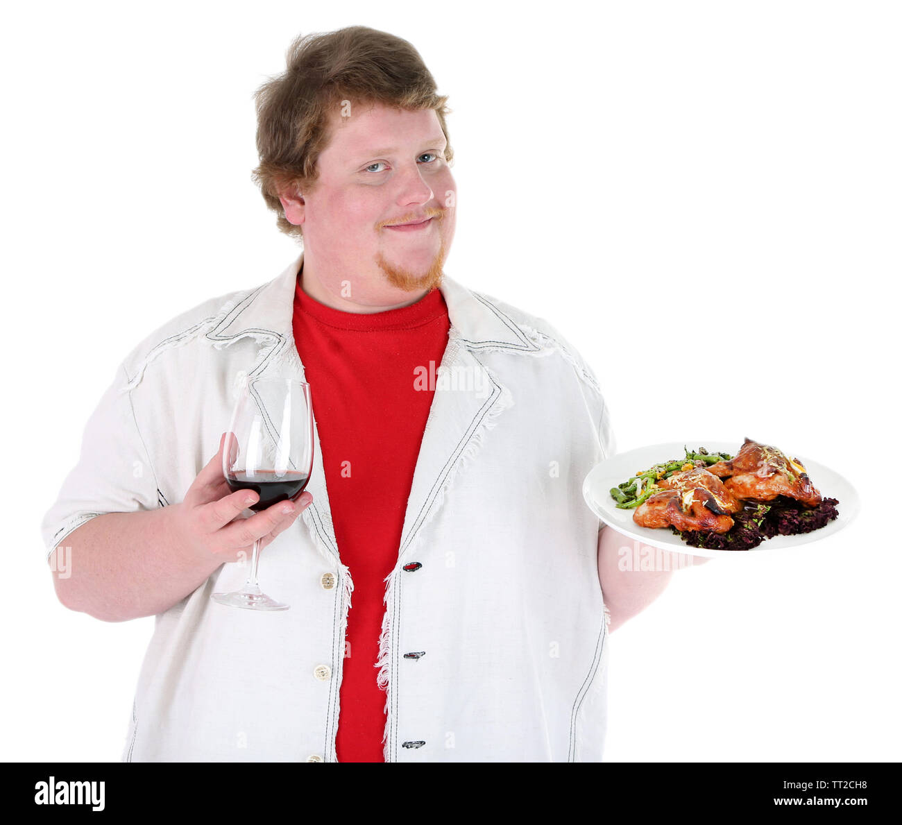 Fat man with wine glass and fried chicken, isolated on white Stock ...