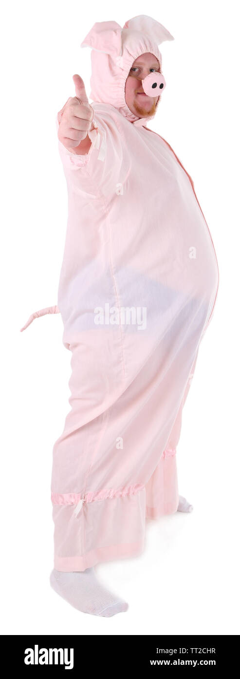 Fat man in pig costume isolated on white Stock Photo - Alamy