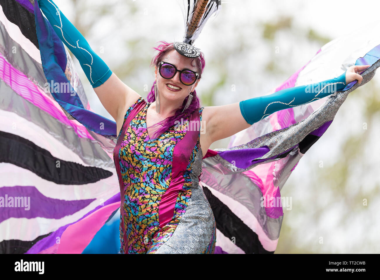 Cleveland, Ohio, USA - June 8, 2019: Parade the Circle, women on stilts ...