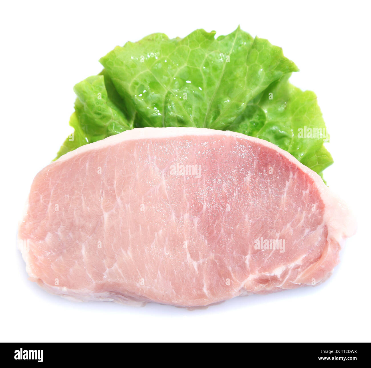 Raw meat steak with leaf lettuce, isolated on white Stock Photo - Alamy