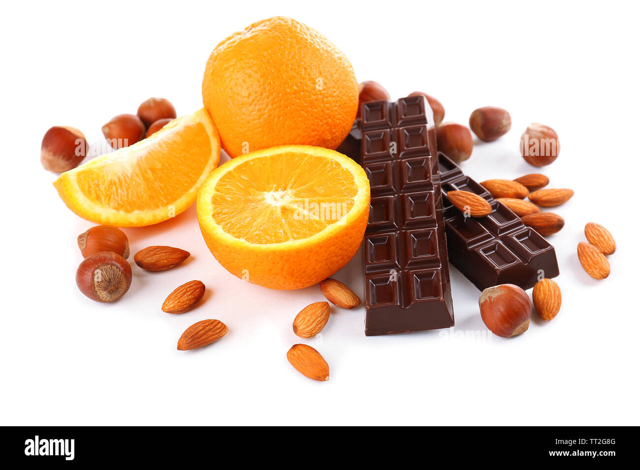 Chocolate, orange and nuts isolated on white Stock Photo - Alamy