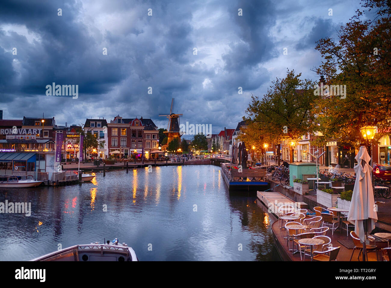 Canal and Windmill in Leiden at Night, Netherlands Stock Photo - Alamy