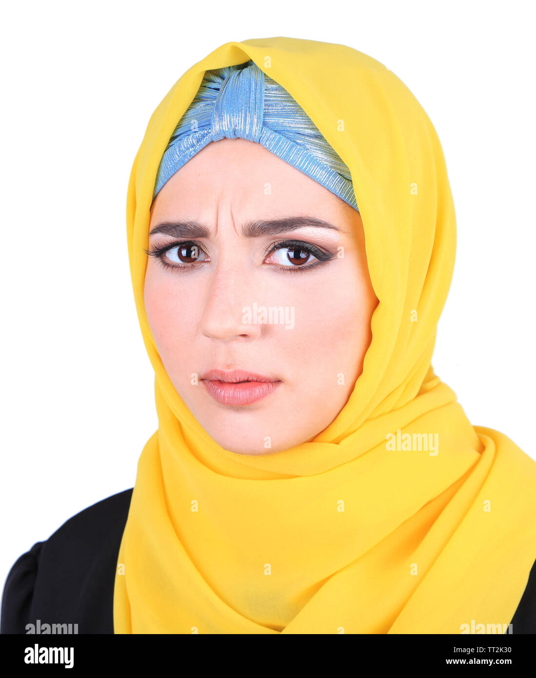 Beautiful muslim arabic woman on grey background Stock Photo - Alamy