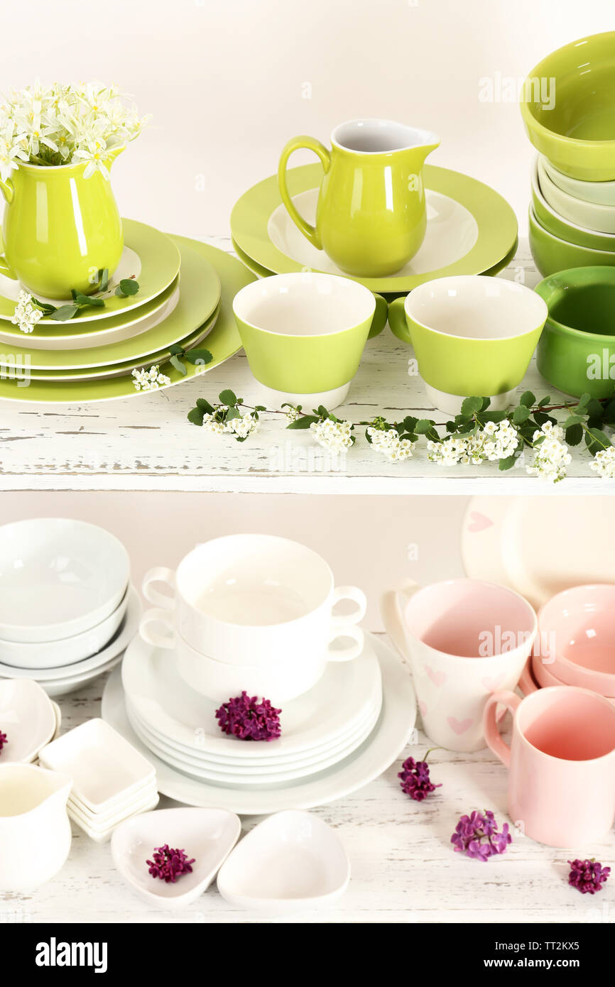 Different tableware on shelf, close up Stock Photo - Alamy