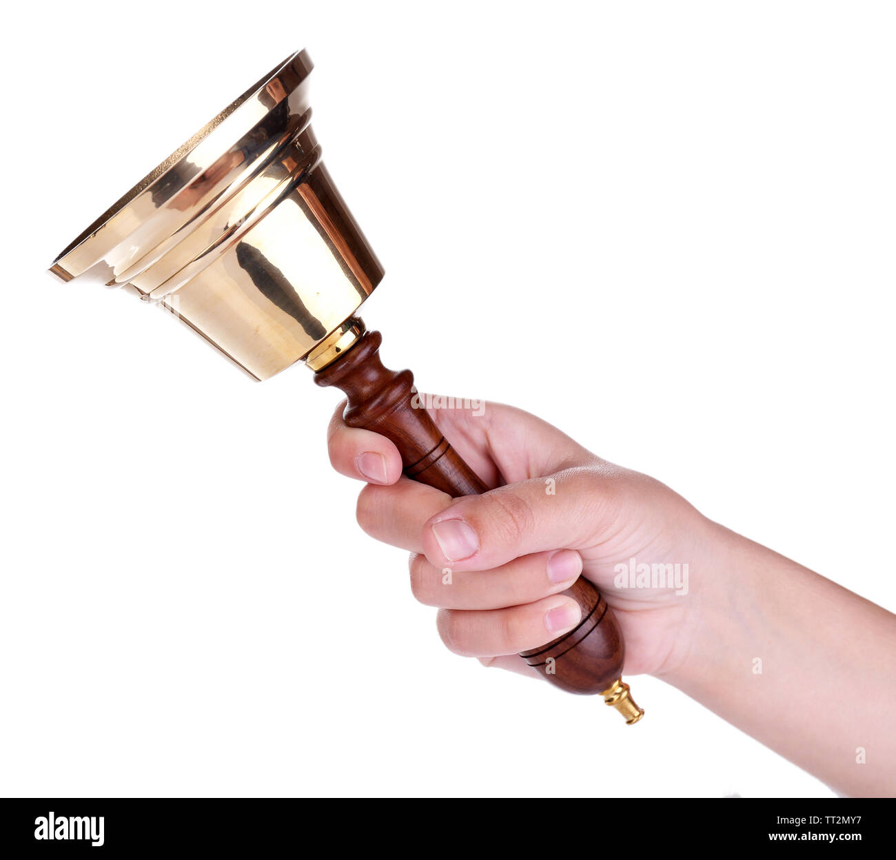 Gold retro school bell in hand isolated on white Stock Photo - Alamy