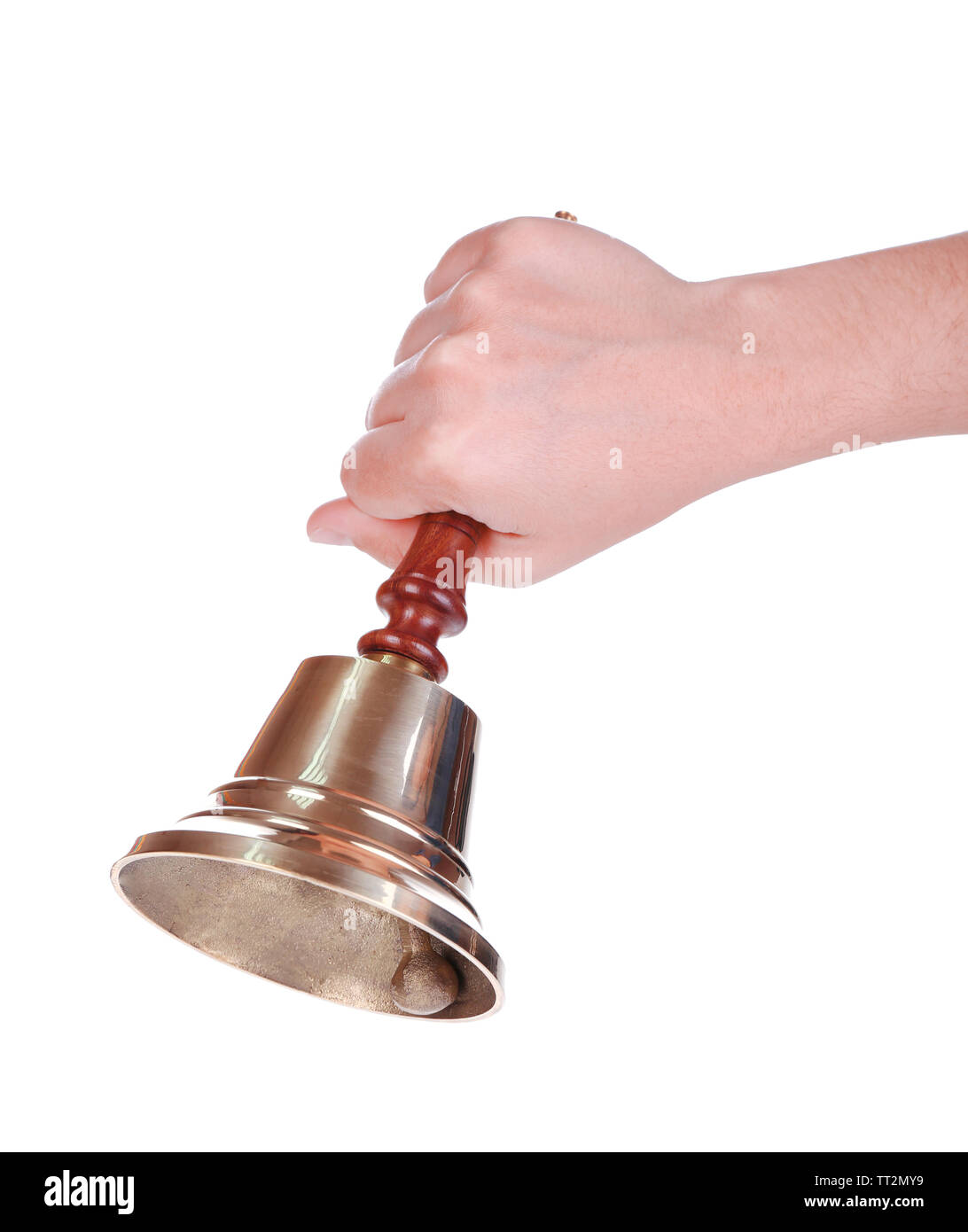 Gold retro school bell in hand isolated on white Stock Photo - Alamy