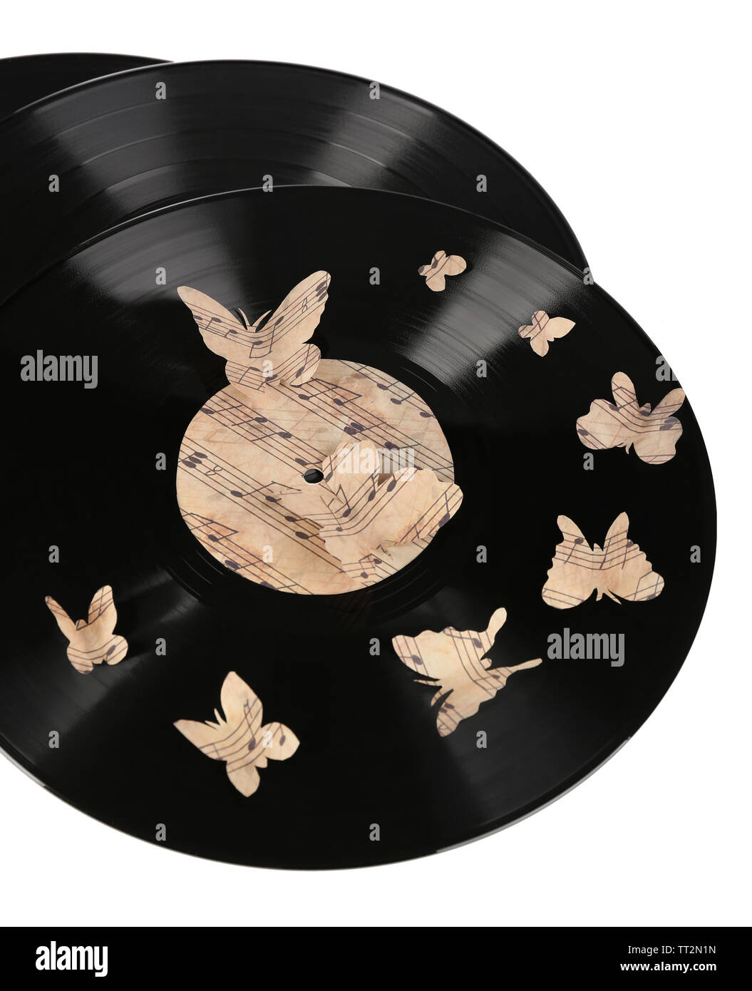Old vinyl records with paper butterflies, isolated on white Stock Photo ...