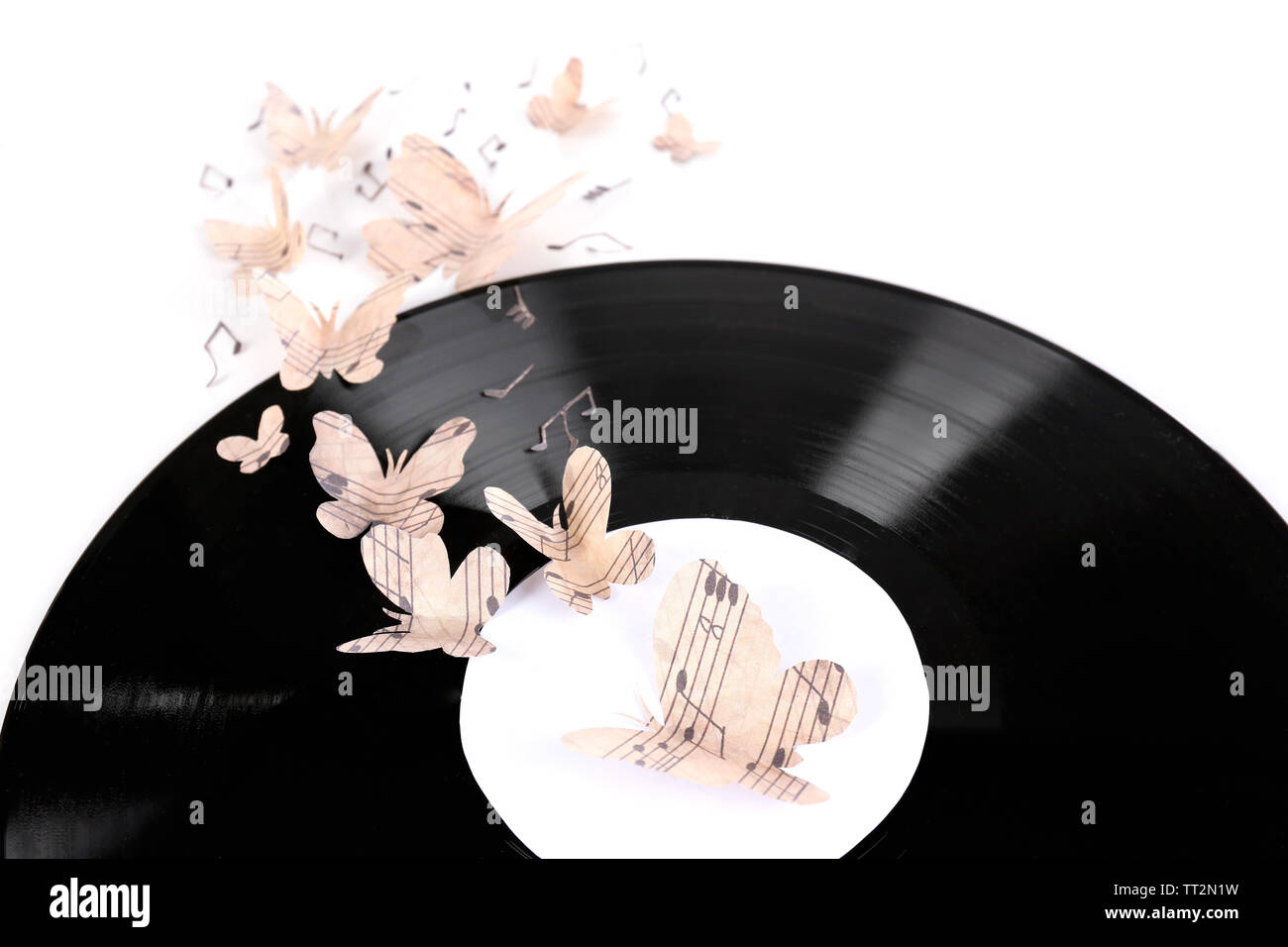 Old vinyl record with paper butterflies, isolated on white Stock Photo ...