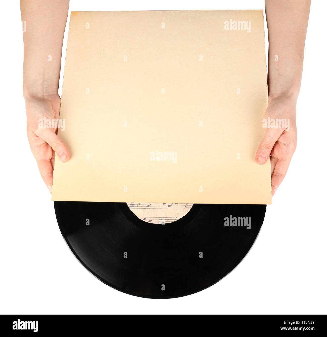 Hands holding old vinyl record in paper case, isolated on white Stock ...