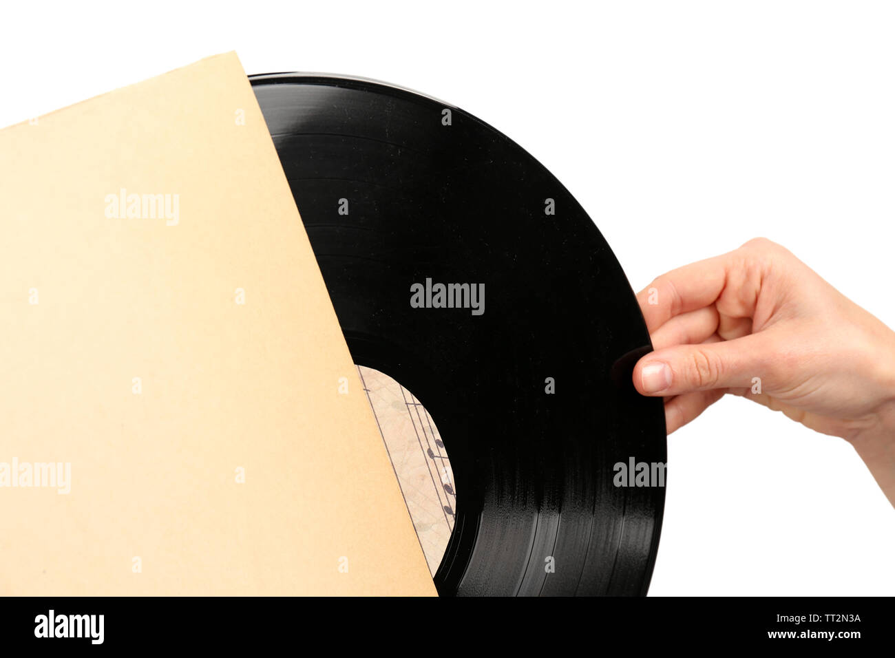 Hand opening old vinyl record, isolated on white Stock Photo - Alamy