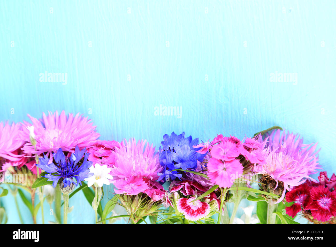 Bright wildflowers on color wooden background Stock Photo - Alamy