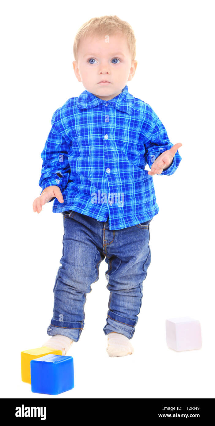 Cute little boy with toys isolated on white Stock Photo - Alamy