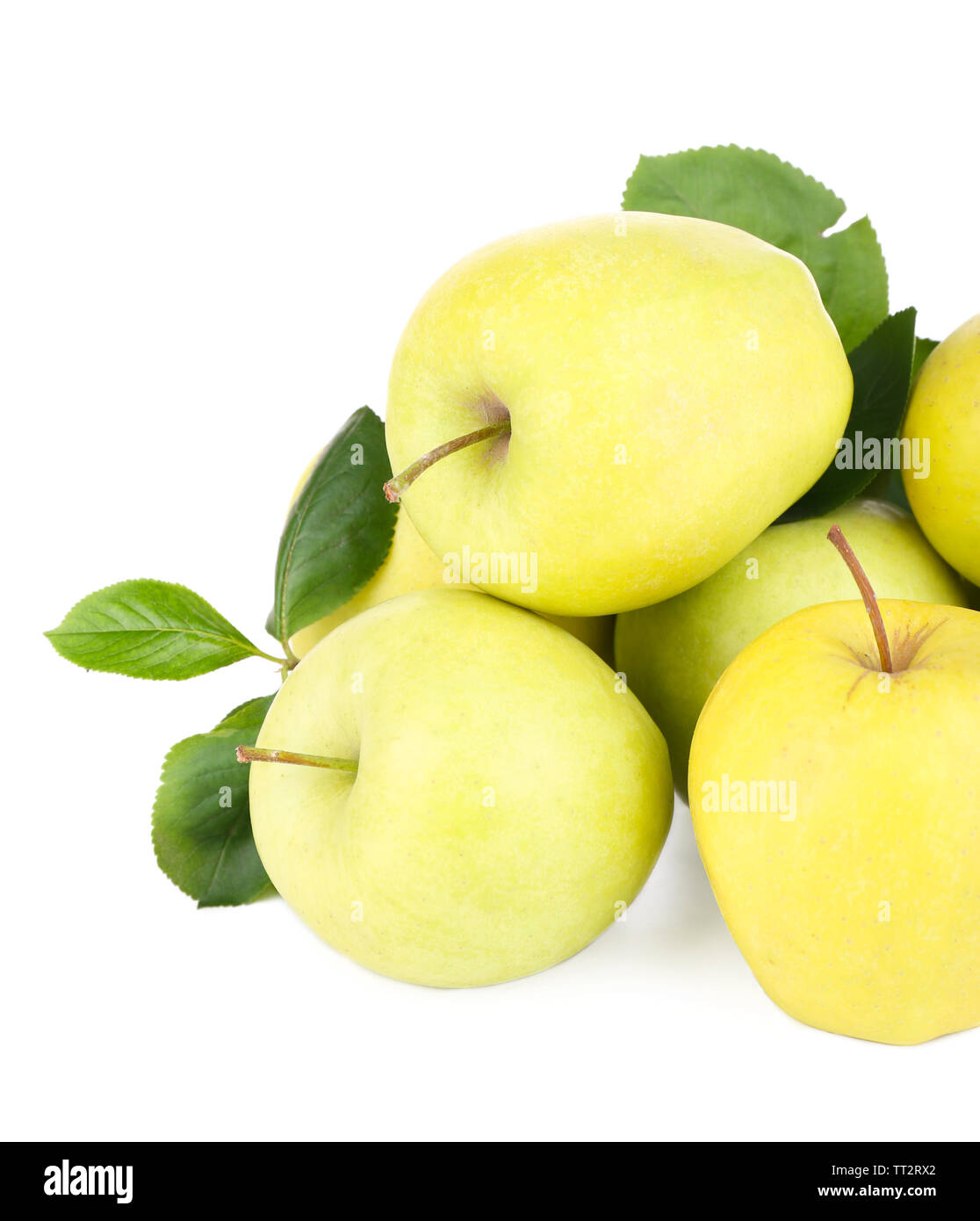 Ripe sweet apples with leaves, isolated on white Stock Photo - Alamy