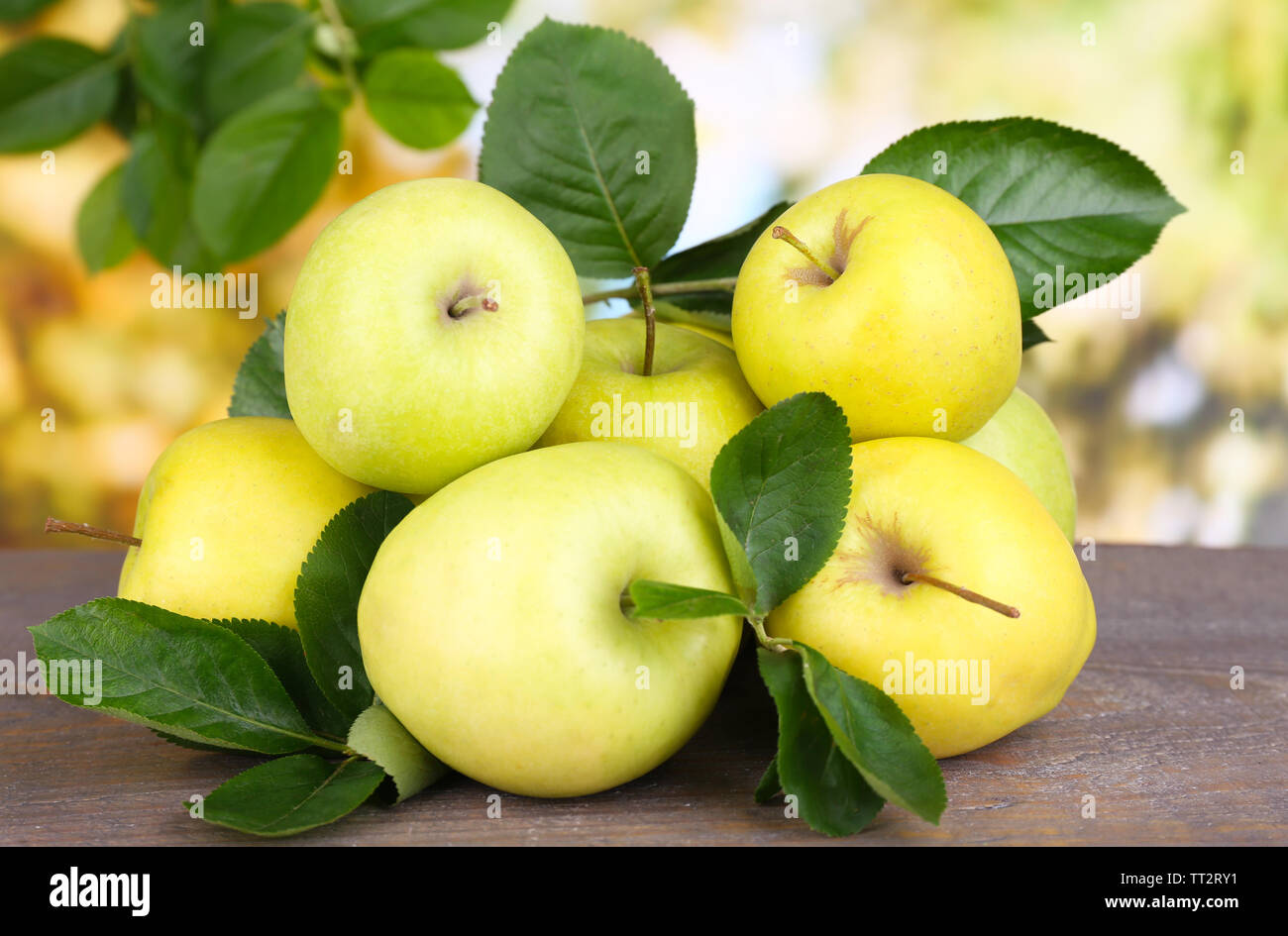 Ripe sweet apples with leaves on nature background Stock Photo - Alamy