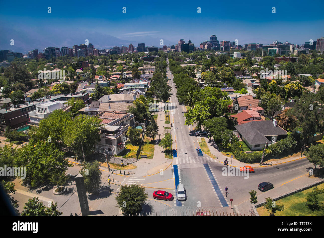 Panoramic view of Santiago de Chile city from San Cristobal hill point ...