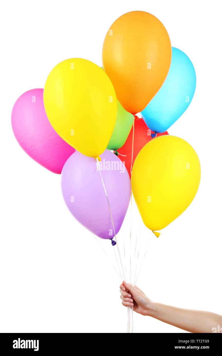 Color balloons in hand isolated on white Stock Photo - Alamy