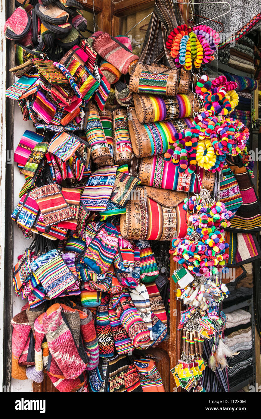 Traditional handcrafts on the market in main street of Uyuni, Bolivia ...