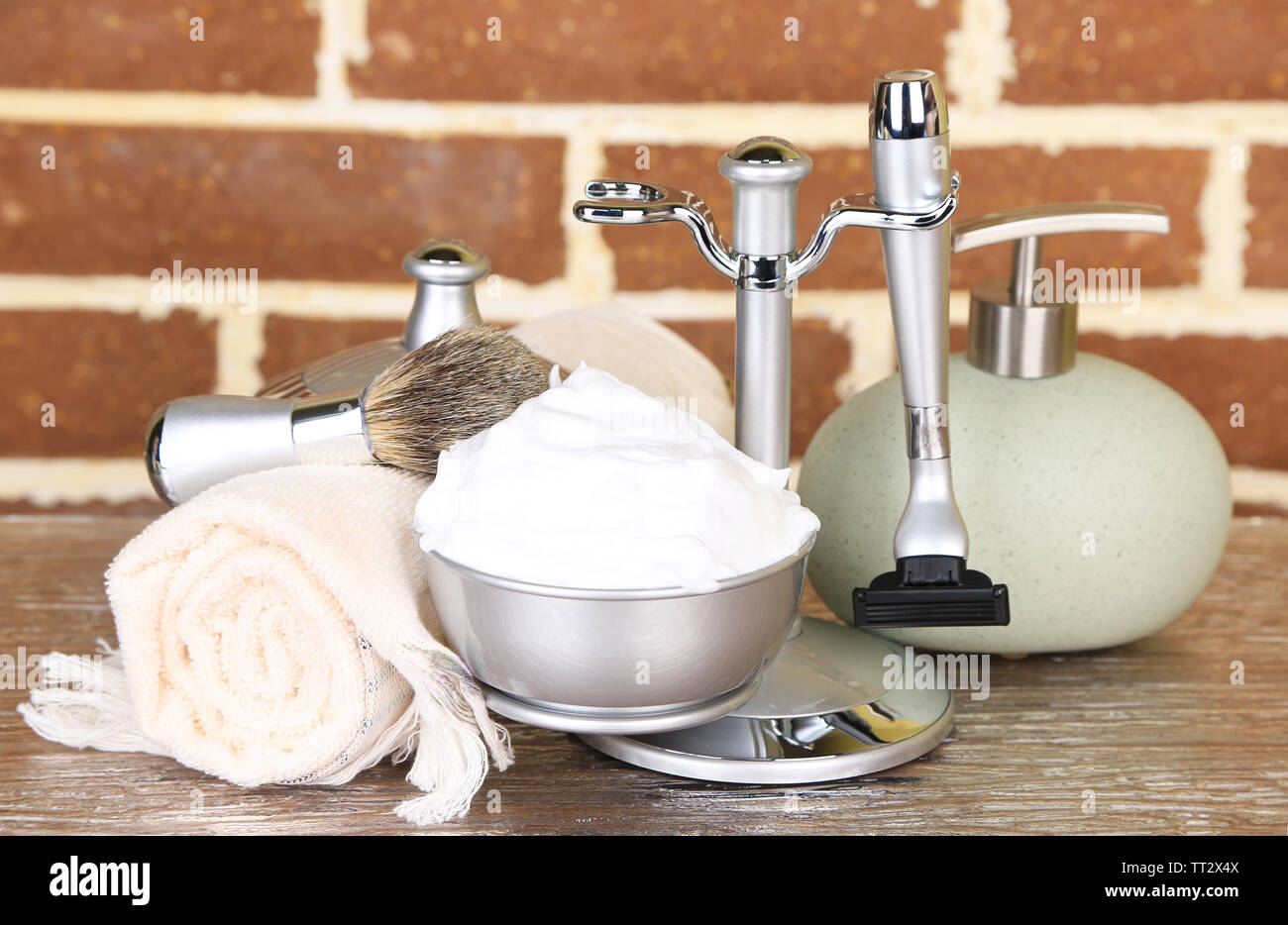 Male luxury shaving kit on shelf, on bricks wall background Stock Photo ...