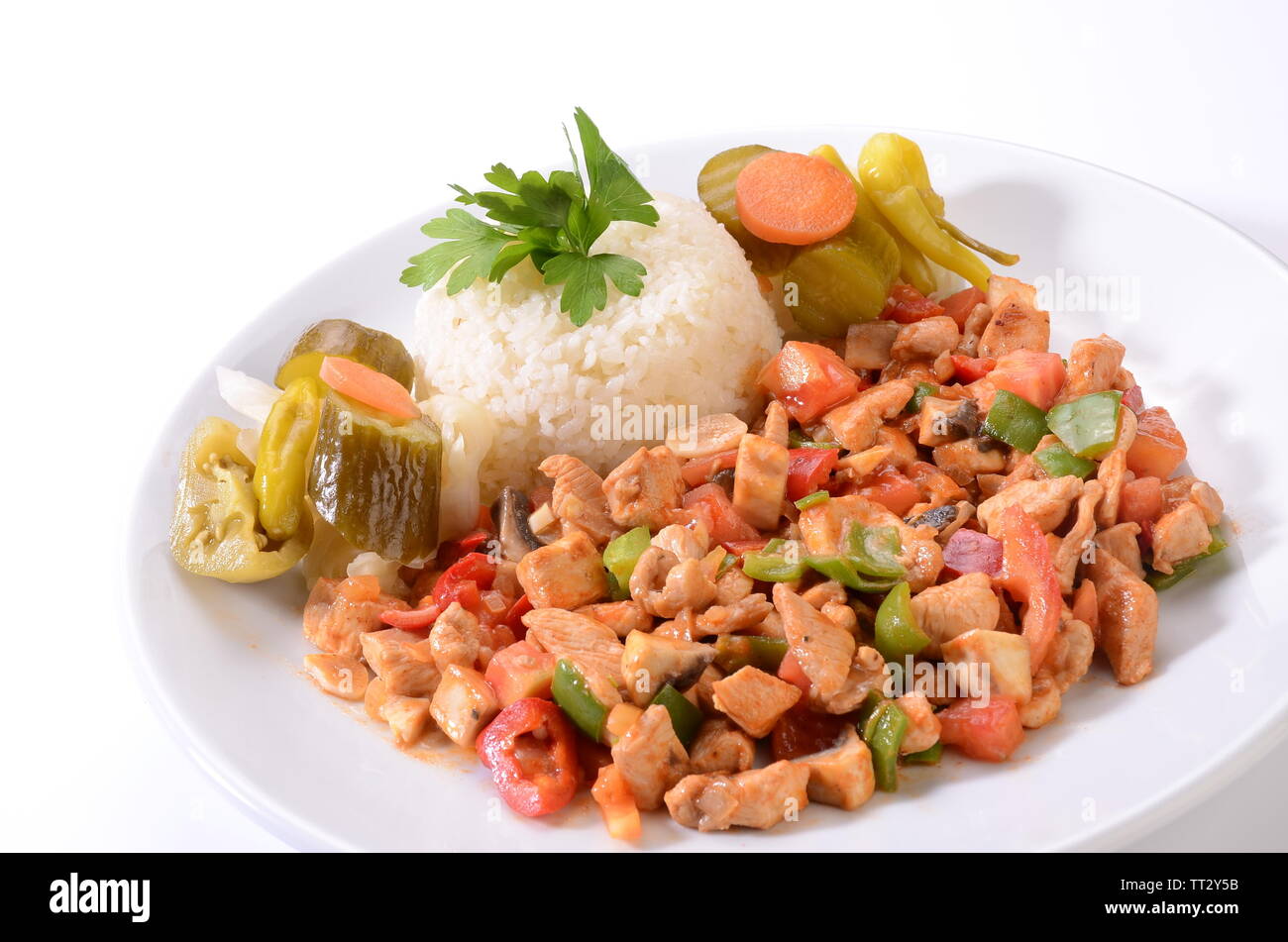 chicken saute with rice white background Stock Photo - Alamy