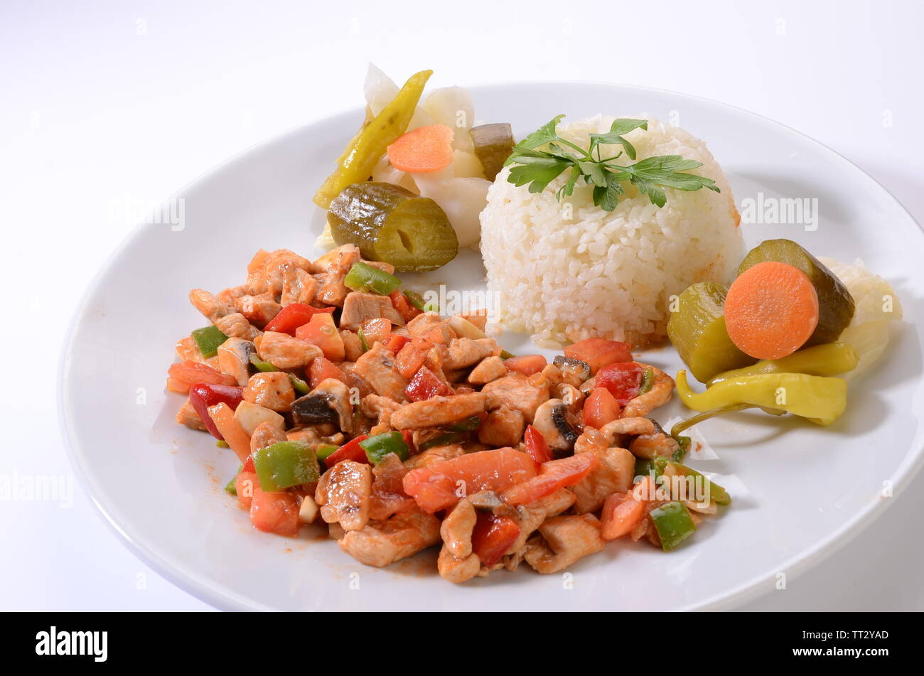 chicken saute with rice white background Stock Photo - Alamy