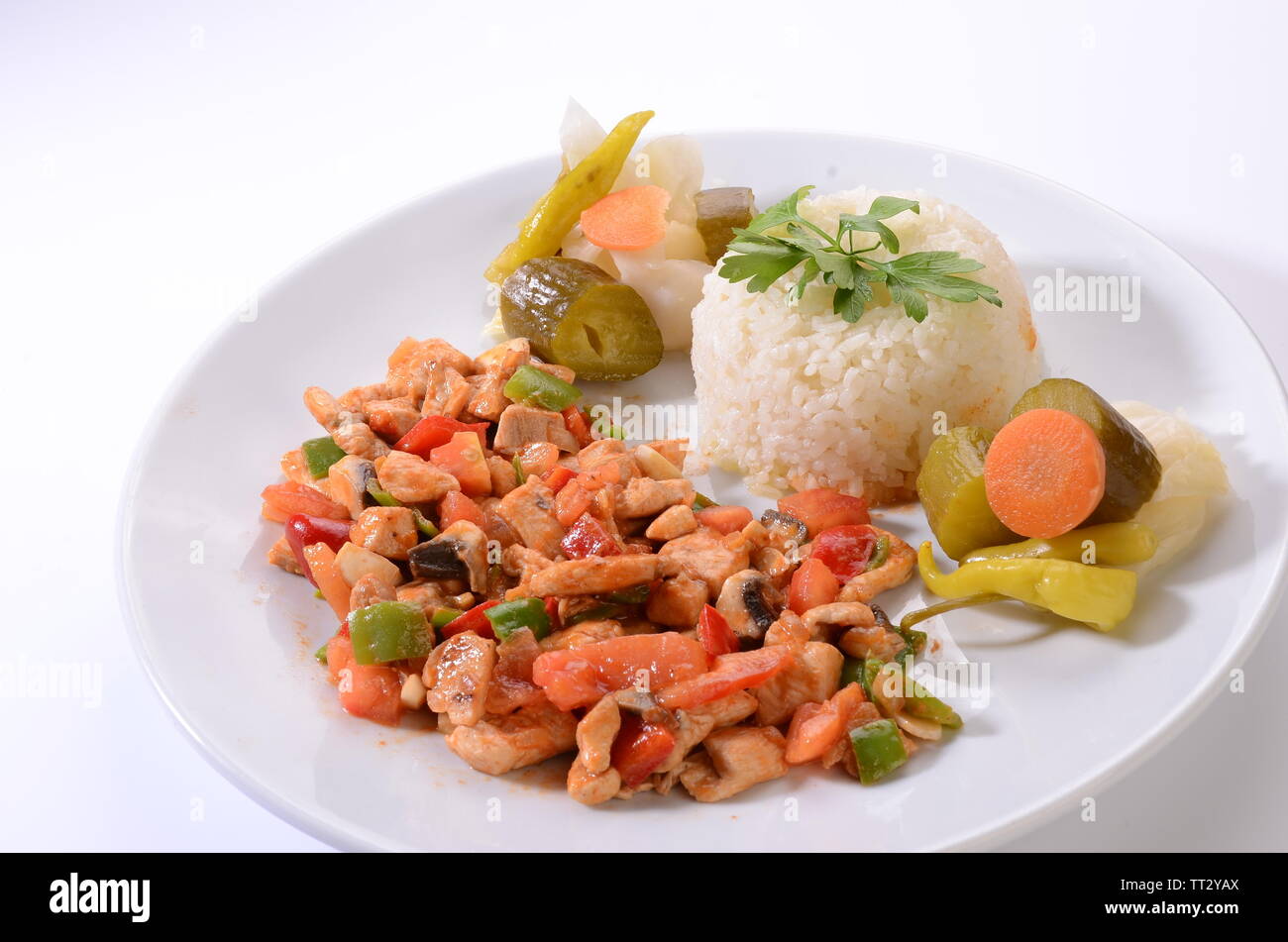 chicken saute with rice white background Stock Photo - Alamy