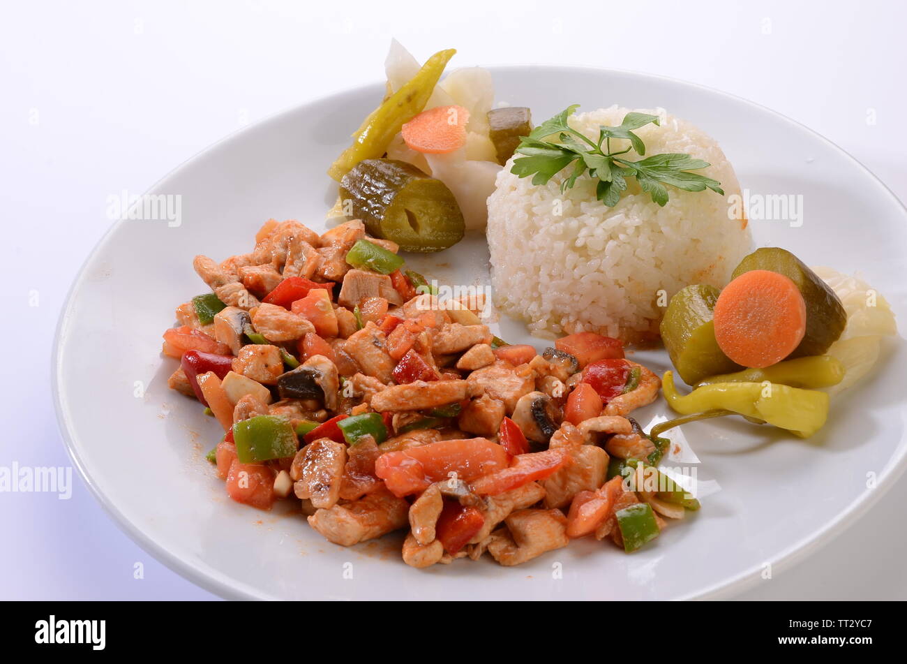 chicken saute with rice white background Stock Photo - Alamy