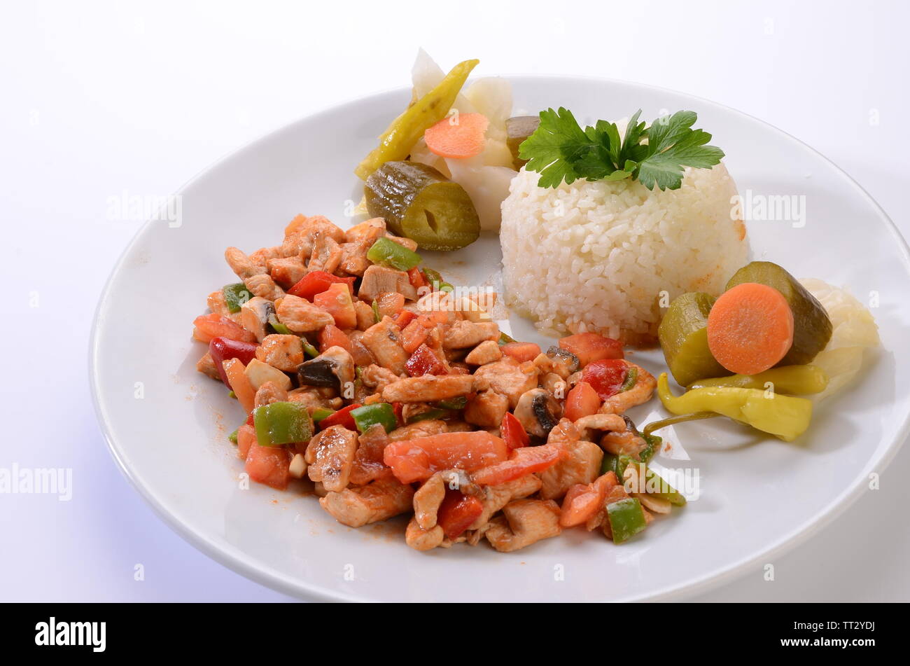 chicken saute with rice white background Stock Photo - Alamy