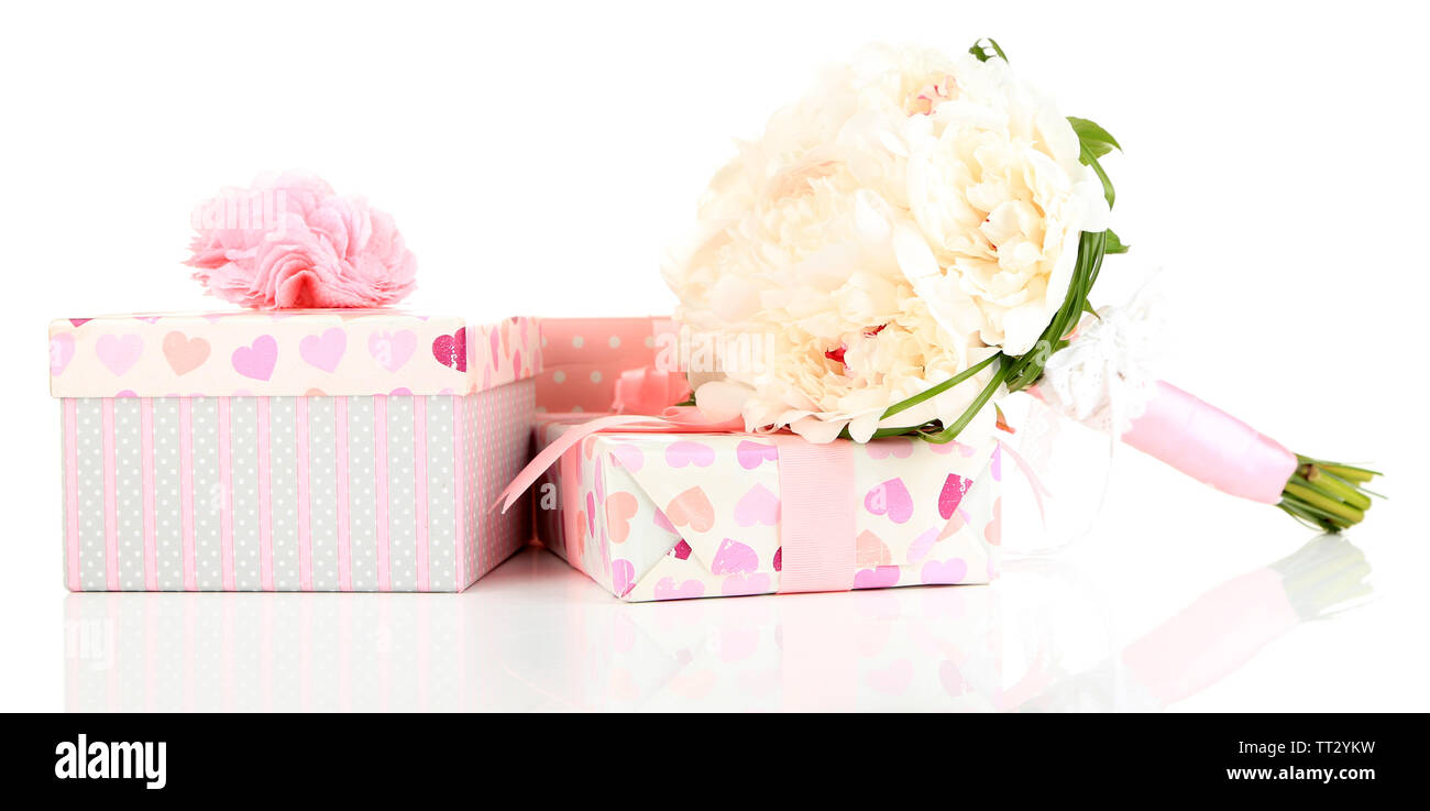 Beautiful wedding bouquet and gift boxes isolated on white Stock Photo ...