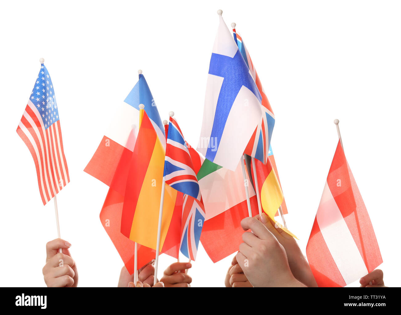 Hands holding different flags, isolated on white Stock Photo - Alamy