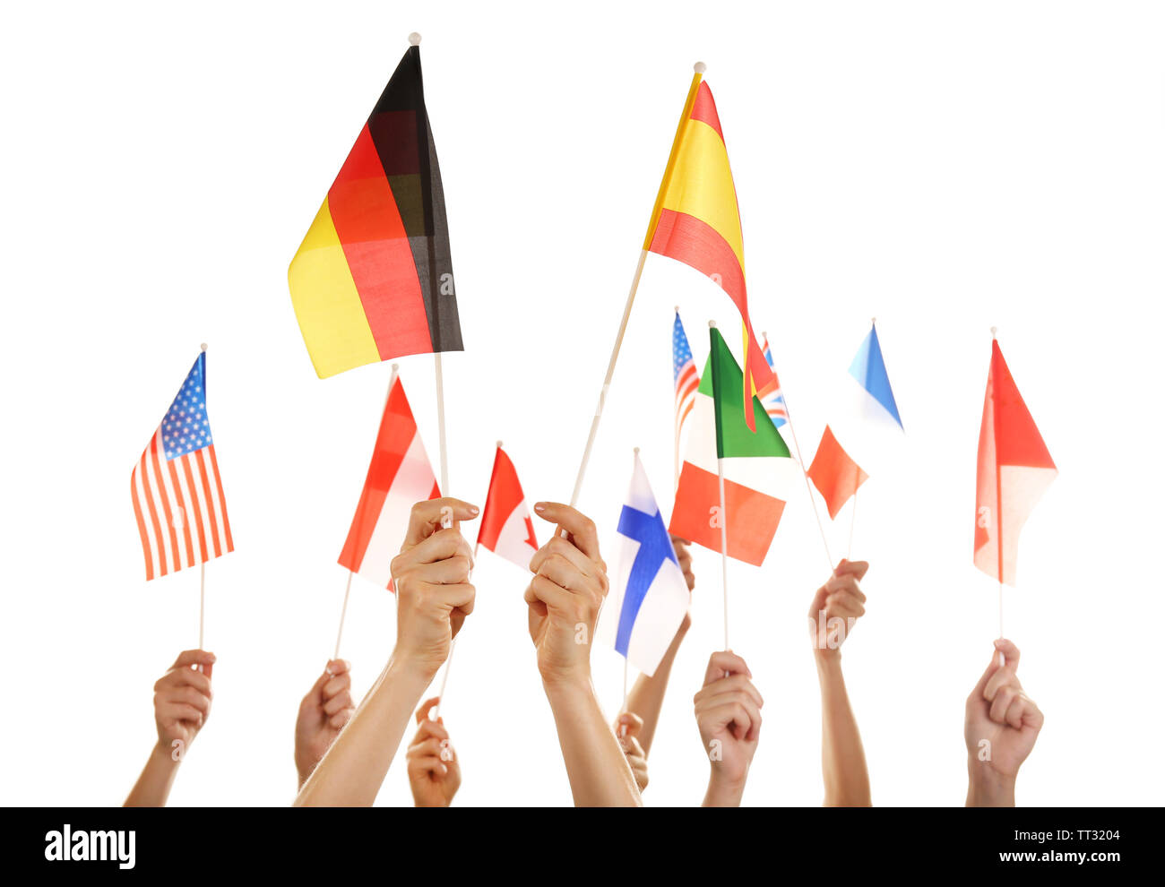Hands holding different flags, isolated on white Stock Photo - Alamy