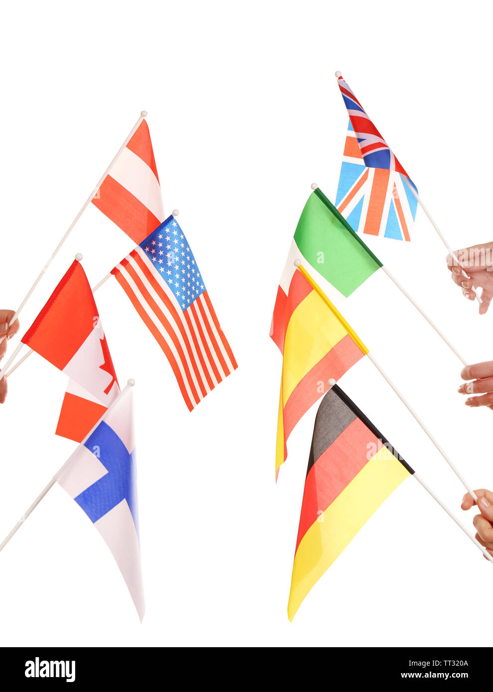 Hands holding different flags, isolated on white Stock Photo - Alamy