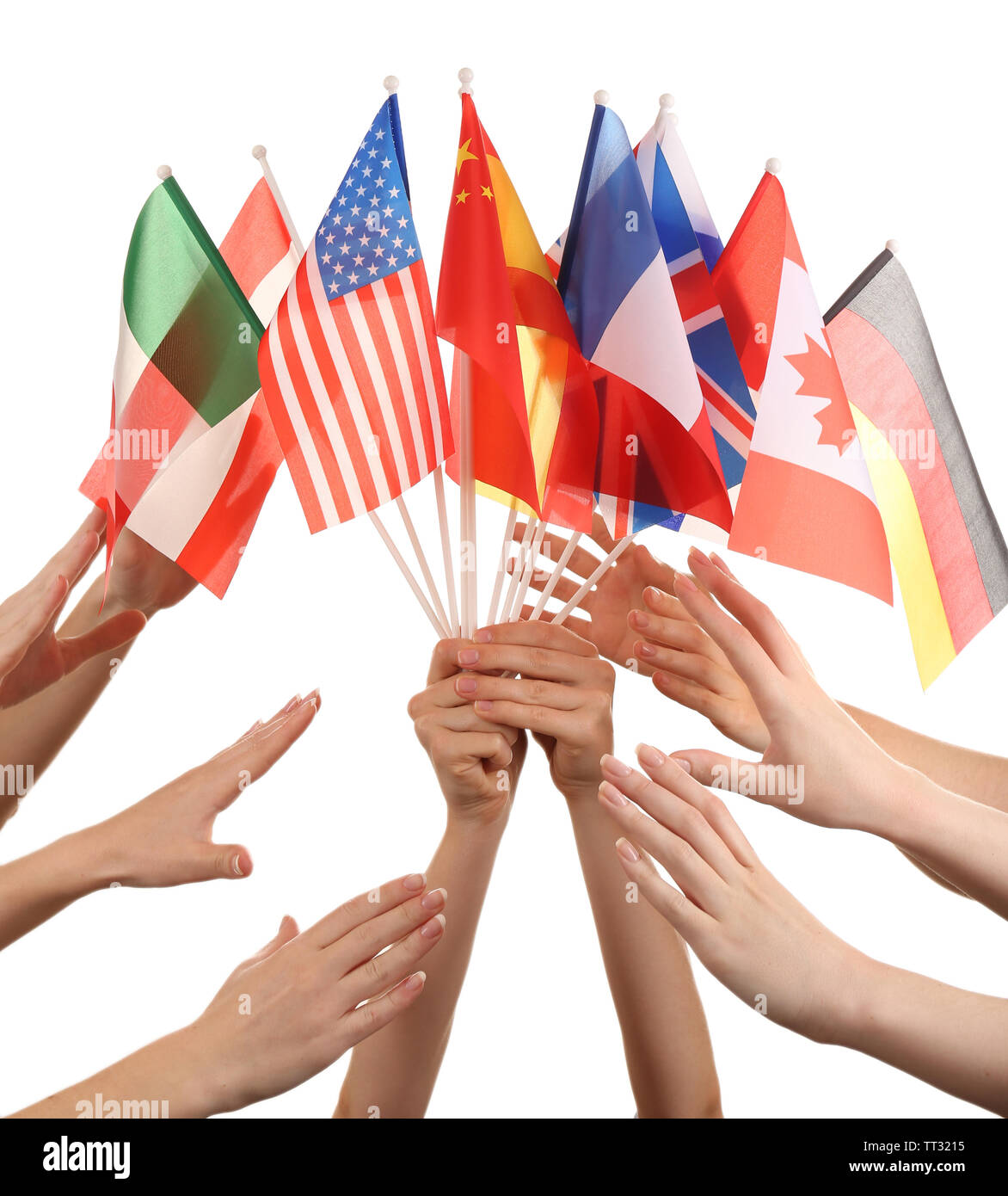 Hands holding different flags, isolated on white Stock Photo - Alamy