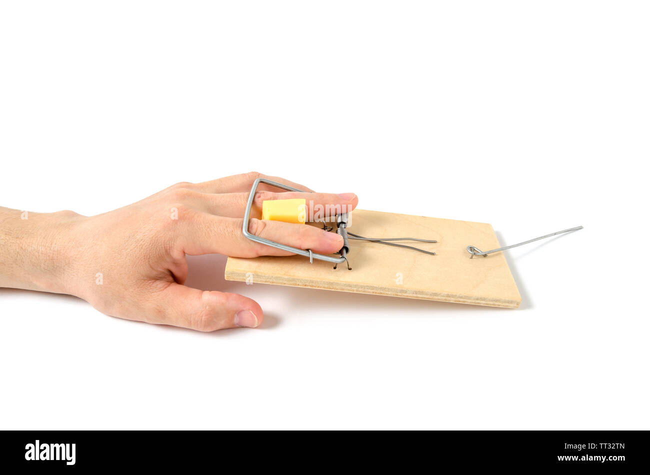 Man's hand fell into trap.Concept of error,freebies and greed, on white ...