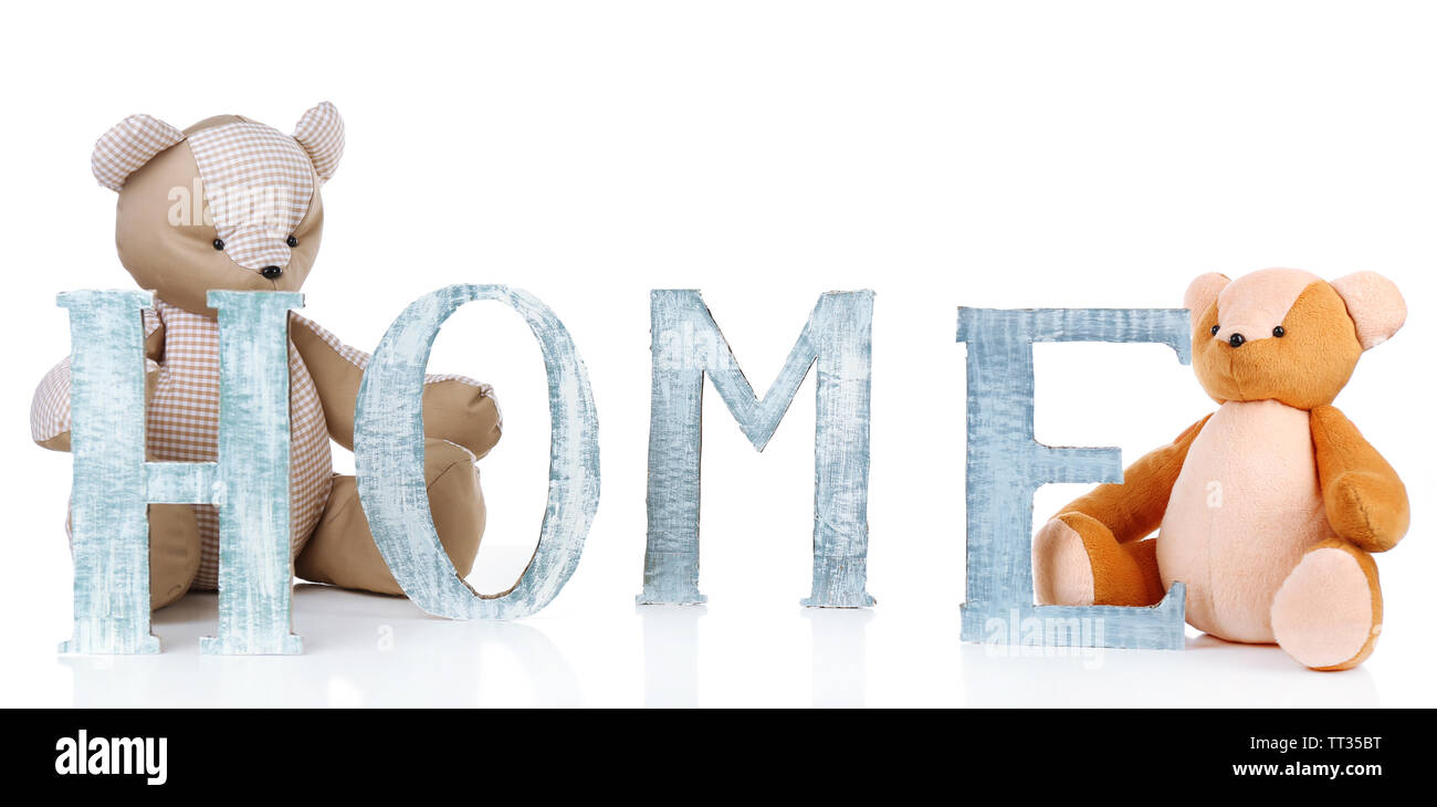 Decorative letters forming word HOME with teddy bear isolated on white ...