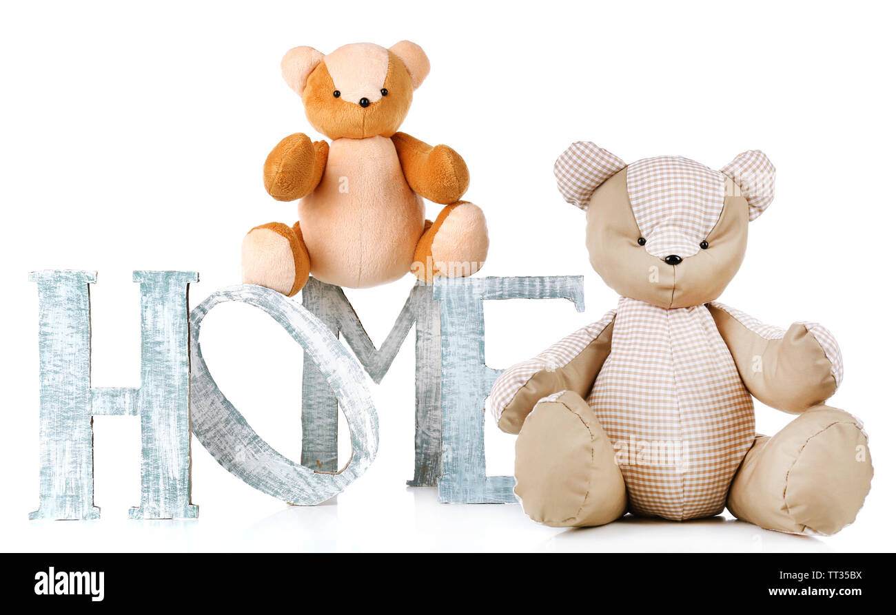 Decorative letters forming word HOME with teddy bear isolated on white ...