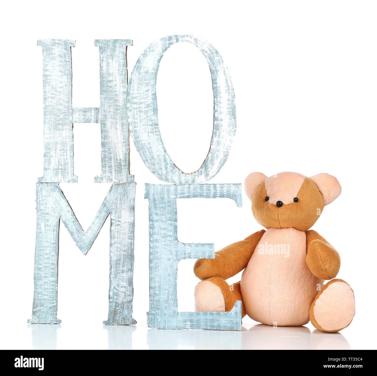 Decorative letters forming word HOME with teddy bear isolated on white ...