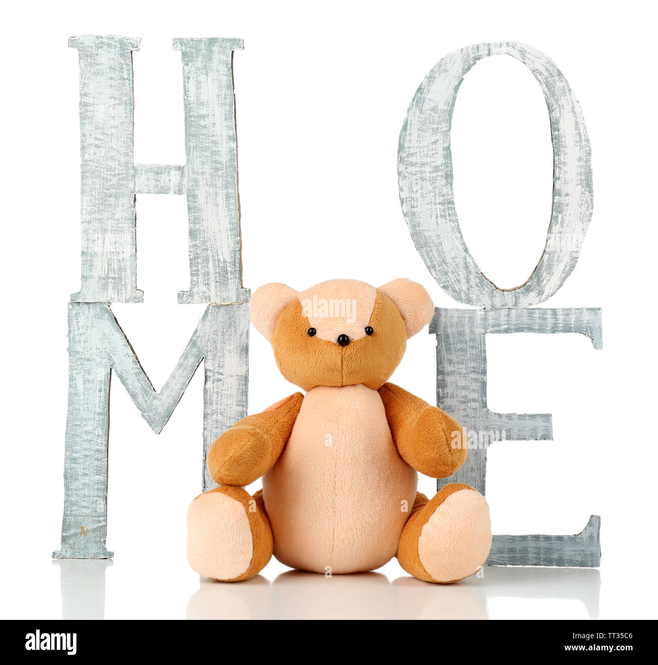 Decorative letters forming word HOME with teddy bear isolated on white ...