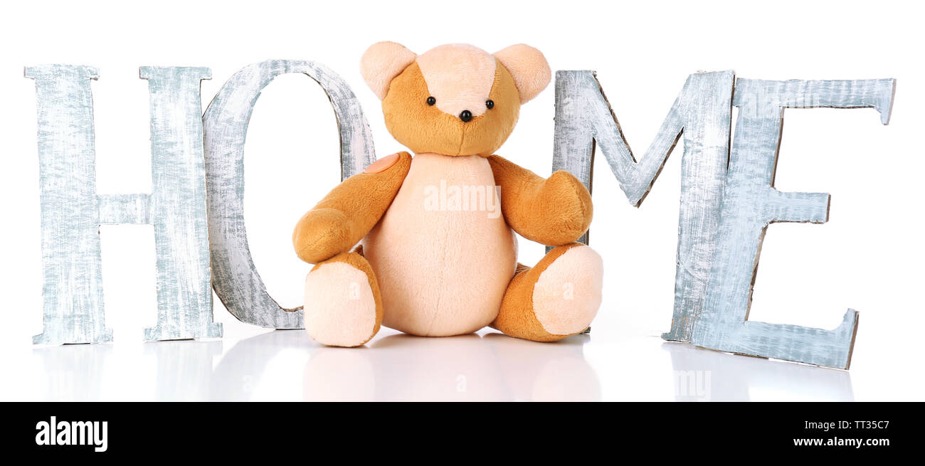 Decorative letters forming word HOME with teddy bear isolated on white ...