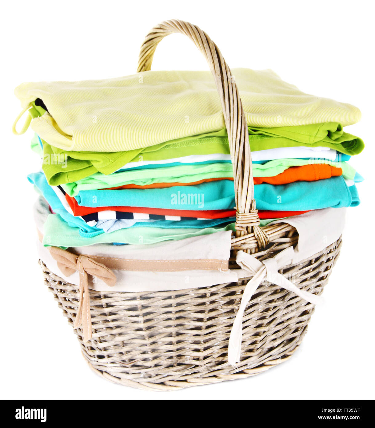 Bright clothes in laundry basket, isolated on white Stock Photo - Alamy