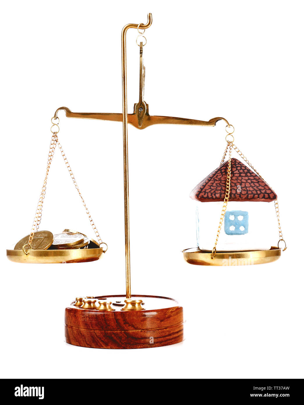 Scale with money and model of house, isolated on white Stock Photo - Alamy