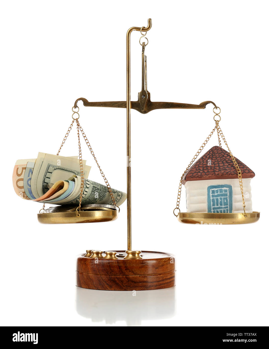 Scale with money and model of house, isolated on white Stock Photo - Alamy