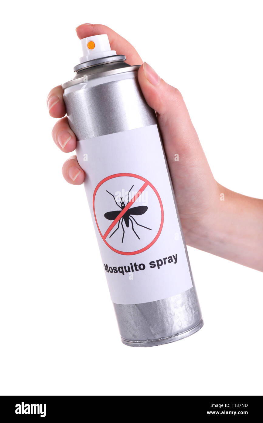 Hand holding mosquito spray isolated on white Stock Photo - Alamy