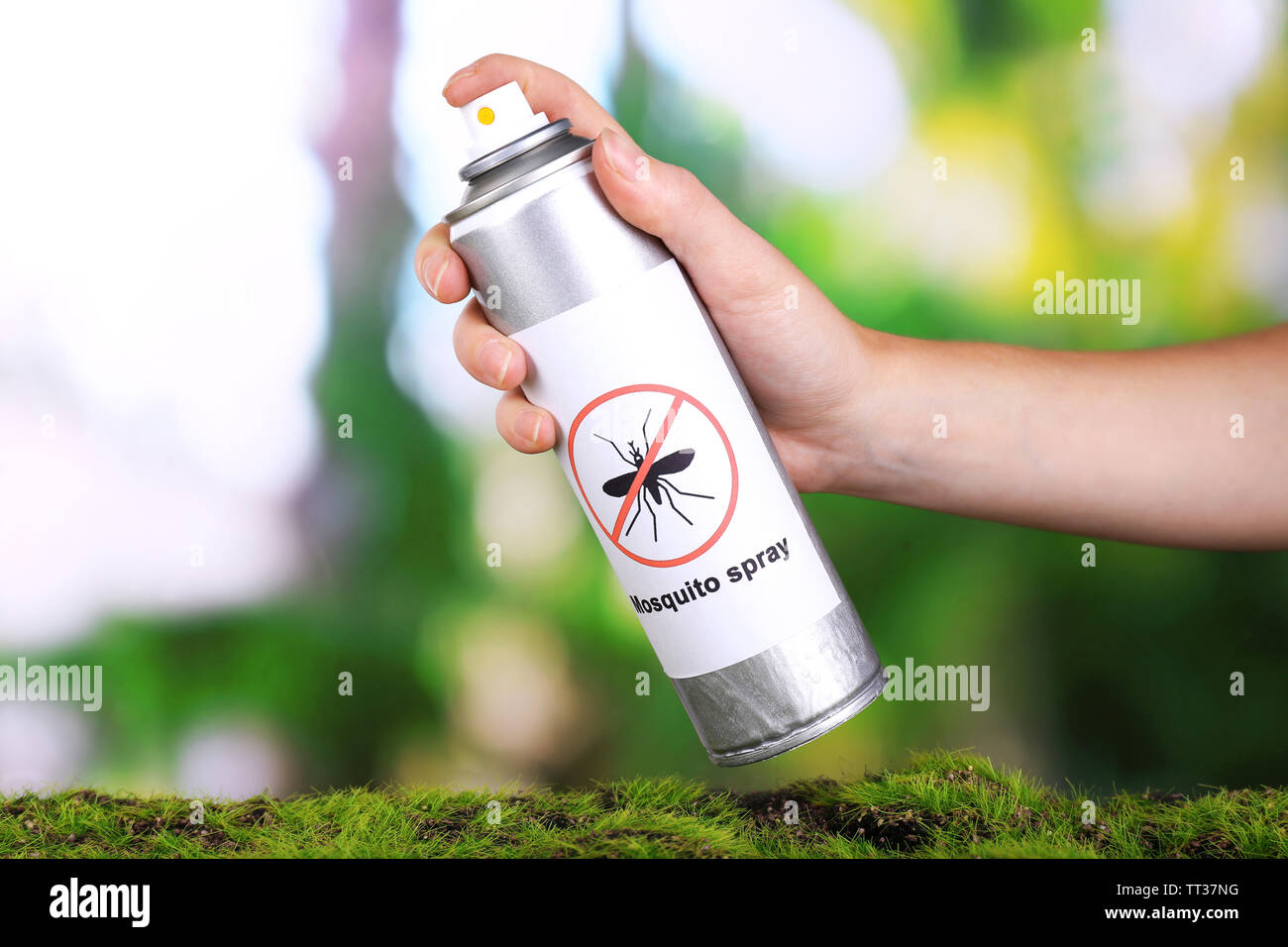 Hand holding mosquito spray on nature background Stock Photo - Alamy
